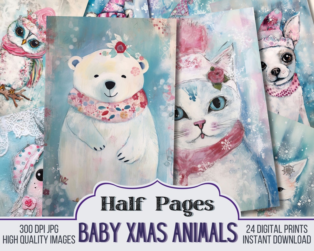 Christmas Baby Animals Junk Journal Half Papers, Scrapbook Supply - 24 ...