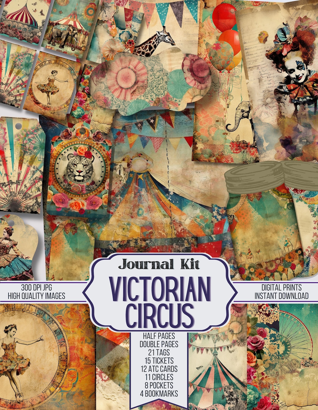 Victorian Circus Junk Journal Kit Ephemera, Vintage Pages, ATC, Tags ...