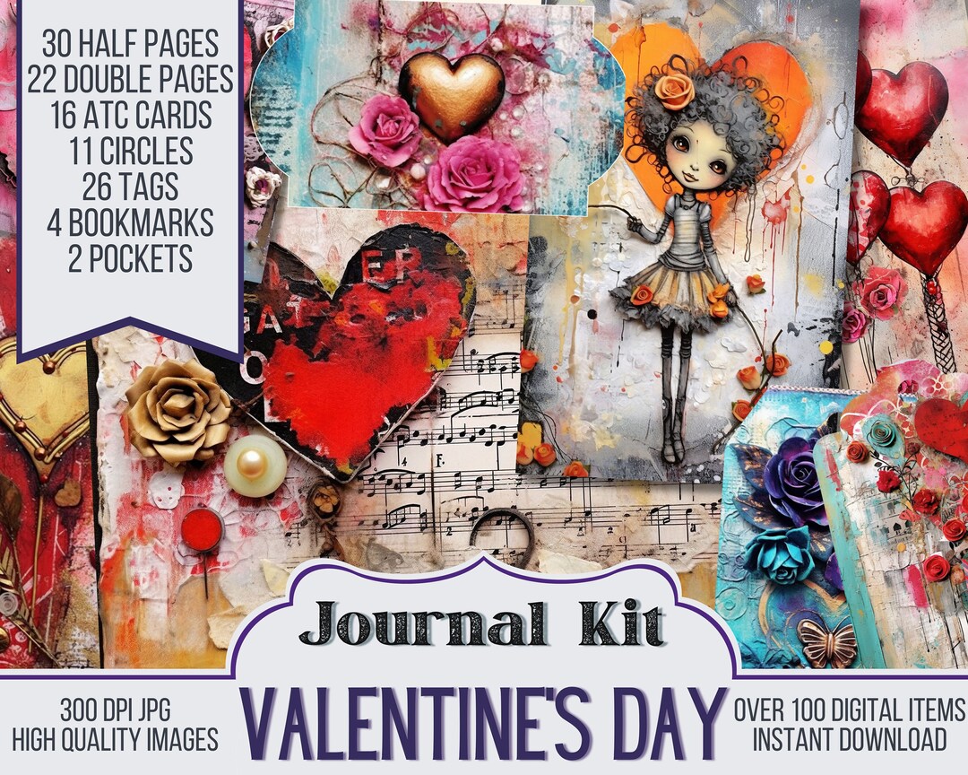 Whimsical Valentine Junk Journal Kit Printable Digital Ephemera ...