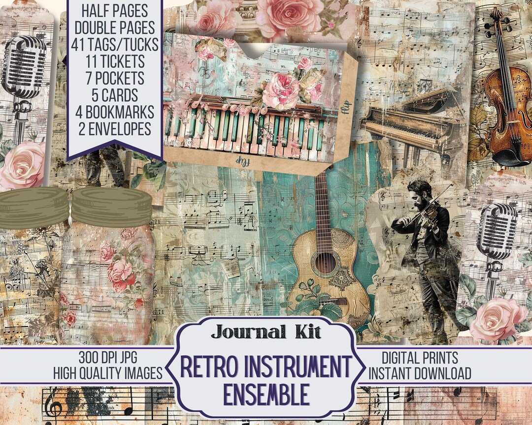 Retro Instrument Ensemble Junk Journal Kit Ephemera, ATC, Tags, Pocket ...
