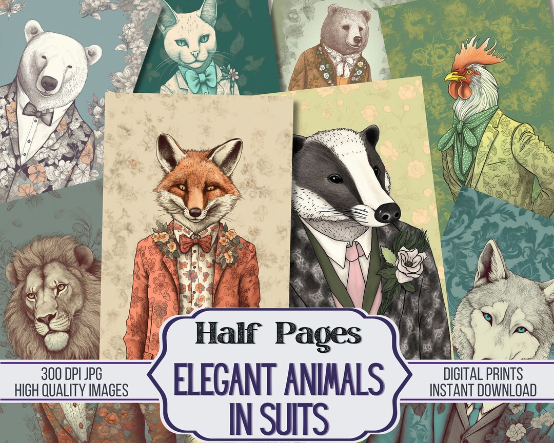 Elegant Animals in Suits Junk Journal Half Papers - 20 Fun Animal ...