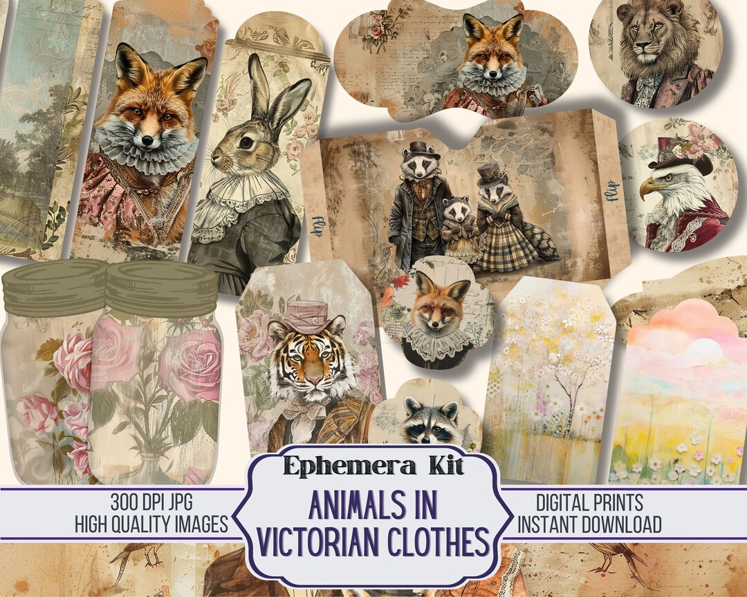 Animals in Victorian Clothes Junk Journal Ephemera Kit, Tickets, ATC ...