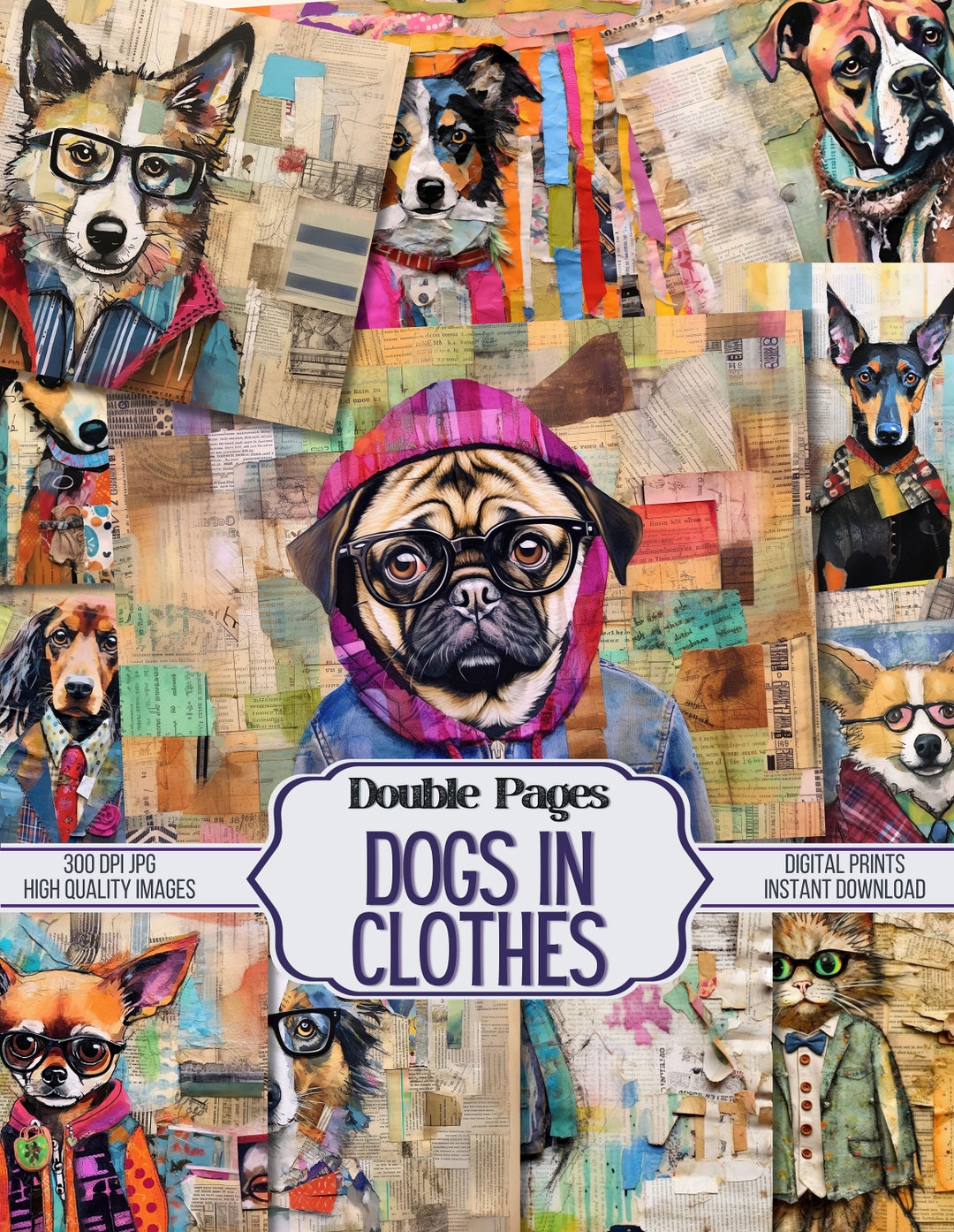 Dogs in Clothes on Ephemera Junk Journal Double Papers, 22 Decorative ...