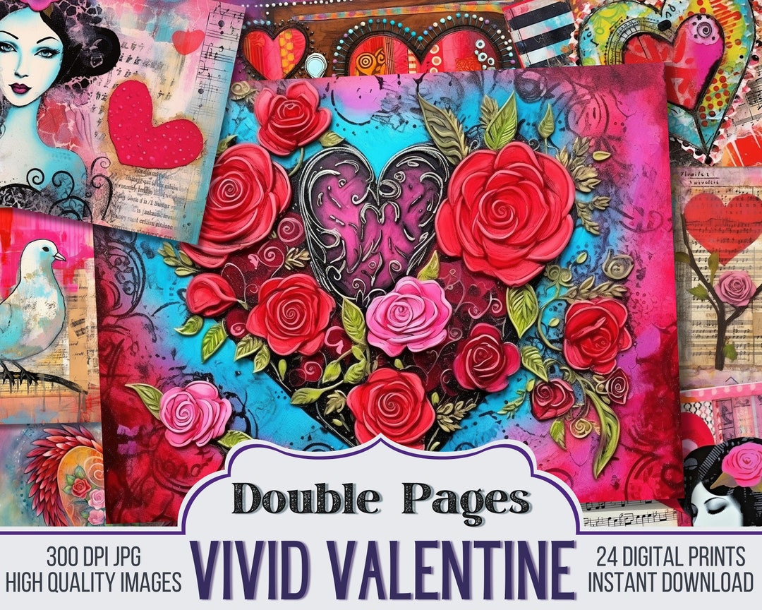 Vivid Valentine Junk Journal Double Papers, Scrapbook Supply, 24 Spring ...