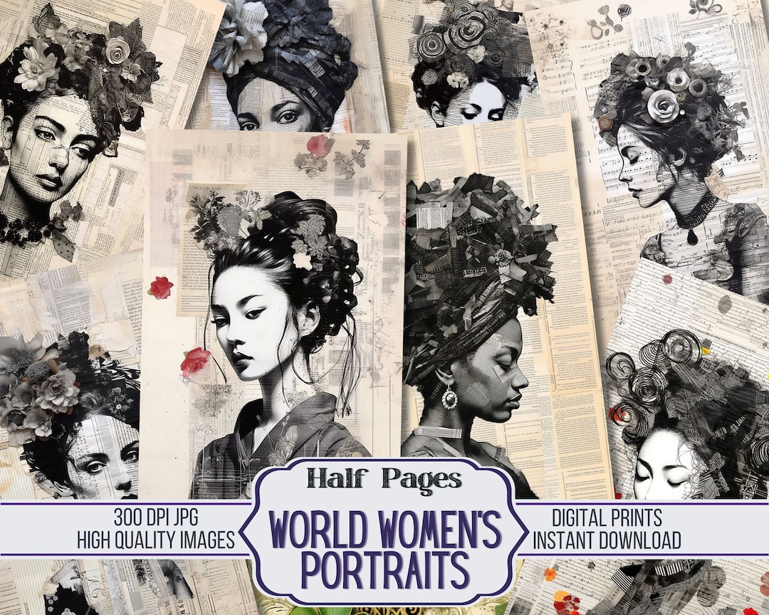 World Women's Portraits on Newspaper Junk Journal Half Papers - 22 ...