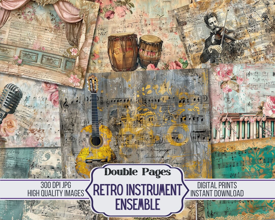Retro Instrument Ensemble Junk Journal Double Papers, 26 Grungy Musical ...