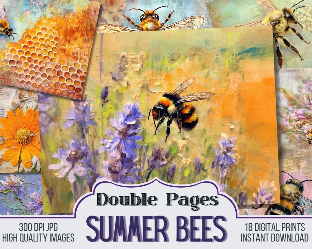 Oil Painted Bees Vintage Junk Journal Double Papers, Scrapbook Supply ...
