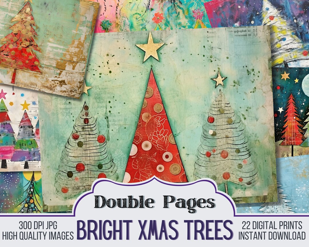 Bright Christmas Trees Vintage Junk Journal Double Papers, Scrapbook ...