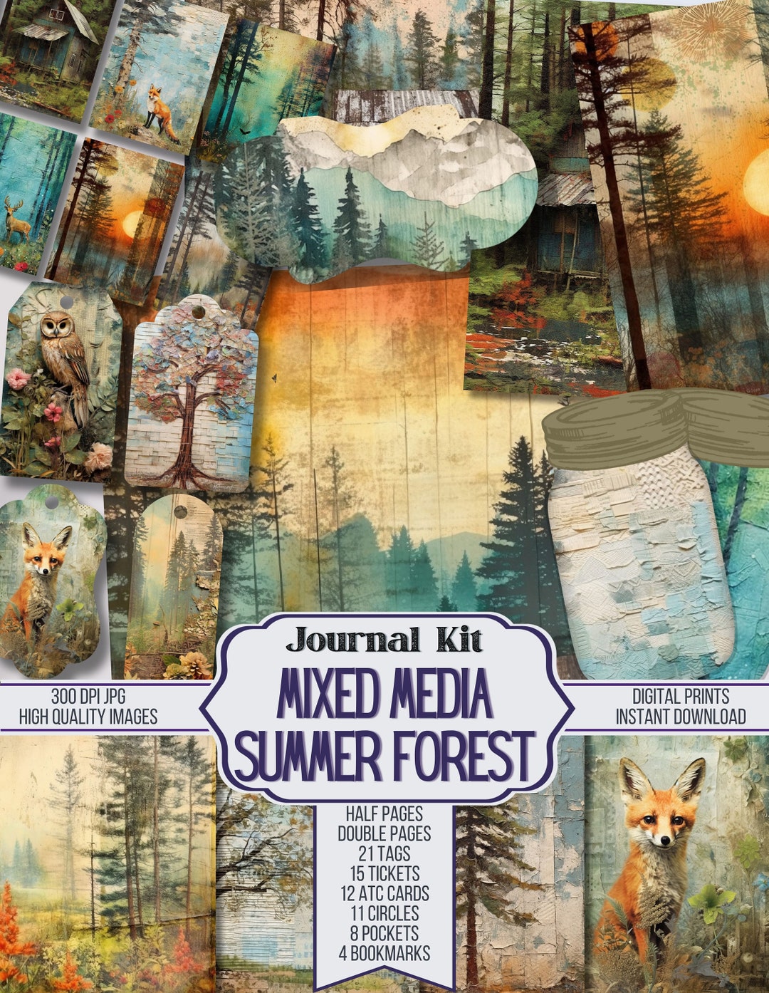 Mixed Media Summer Forest Junk Journal Kit Ephemera, ATC, Tags, Pocket ...