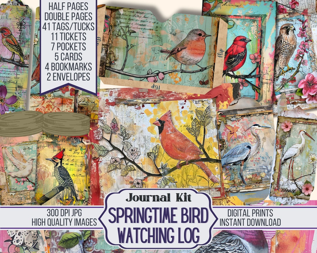 Springtime Bird Watching Log Junk Journal Digital Kit Ephemera, ATC ...
