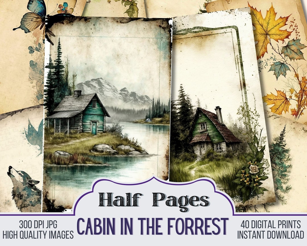 Cabin in the Forest Junk Journal Half Papers, Scrapbook Supply, 40 ...