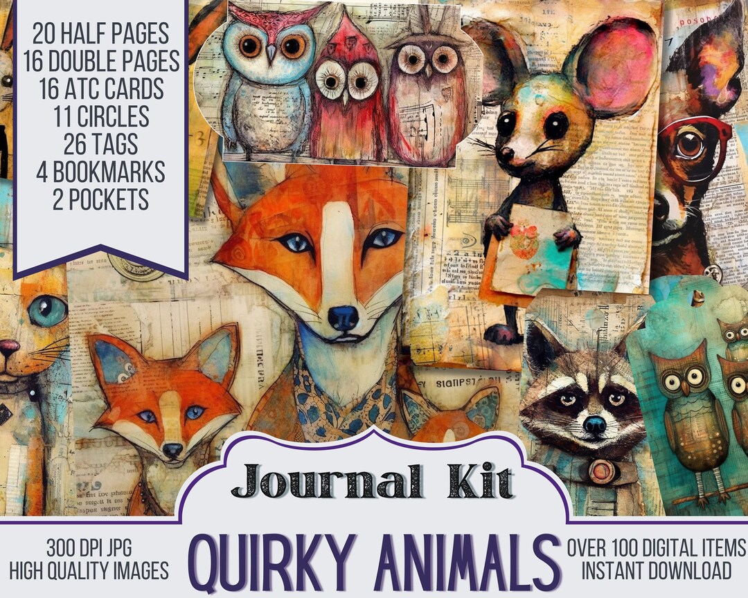 Quirky Animals Junk Journal Kit Ephemera, ATC, Tags, Pocket, Journal ...