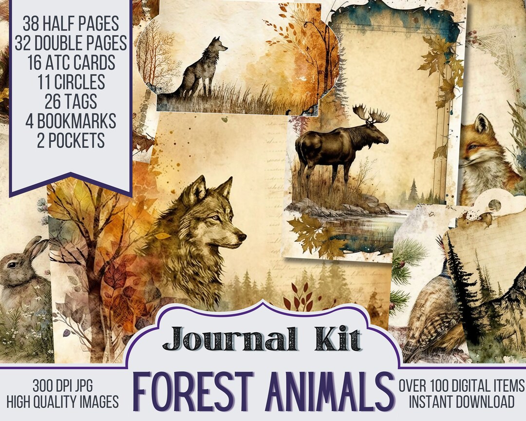 Forest Animals on a Journal Page Journal Kit Ephemera, ATC, Tags ...