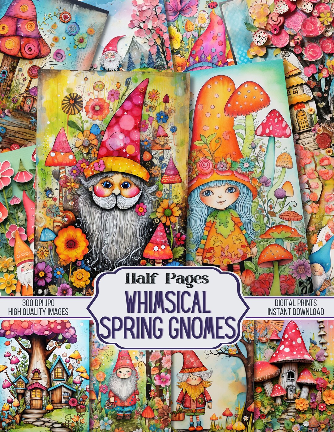 Whimsical Spring Gnomes Junk Journal Half Papers - 20 Spring Printable ...