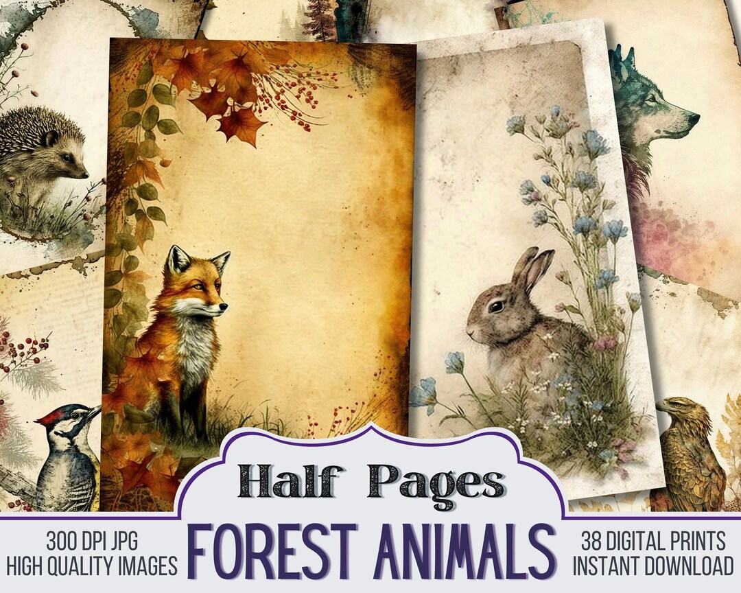 Forest Animals on a Journal Page Vintage Junk Journal Half Papers ...