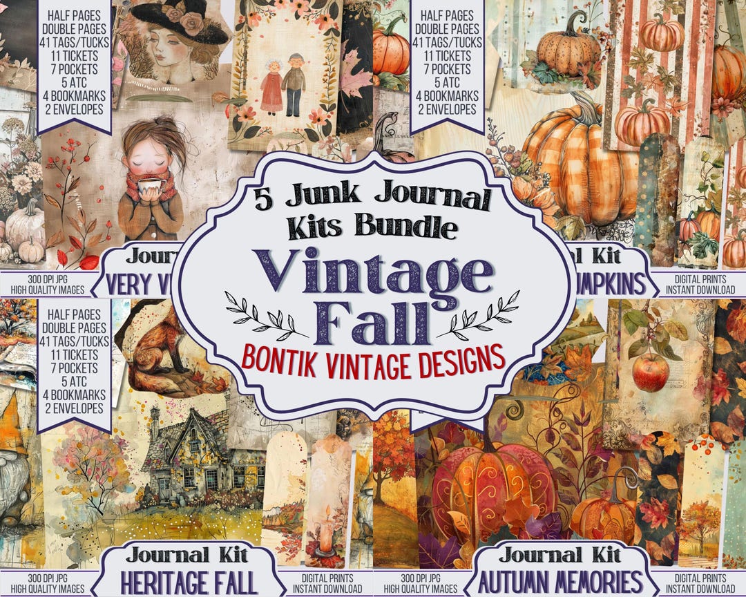 Vintage Fall Junk Journal Bundle Includes 5 Autumn Junk Journal Kits ...