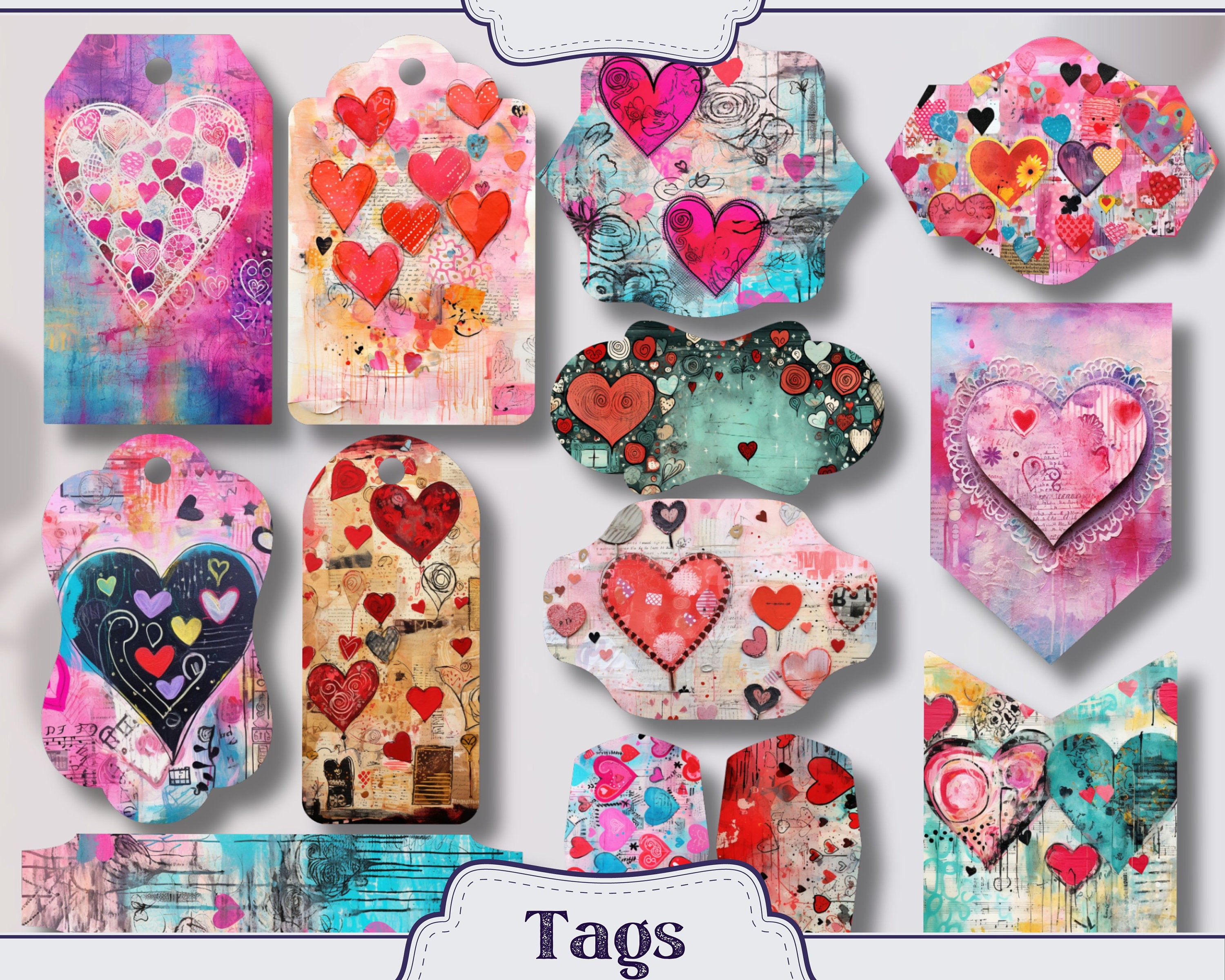 Valentine's Hearts Collage Junk Journal Ephemera, ATC Cards, Tags ...