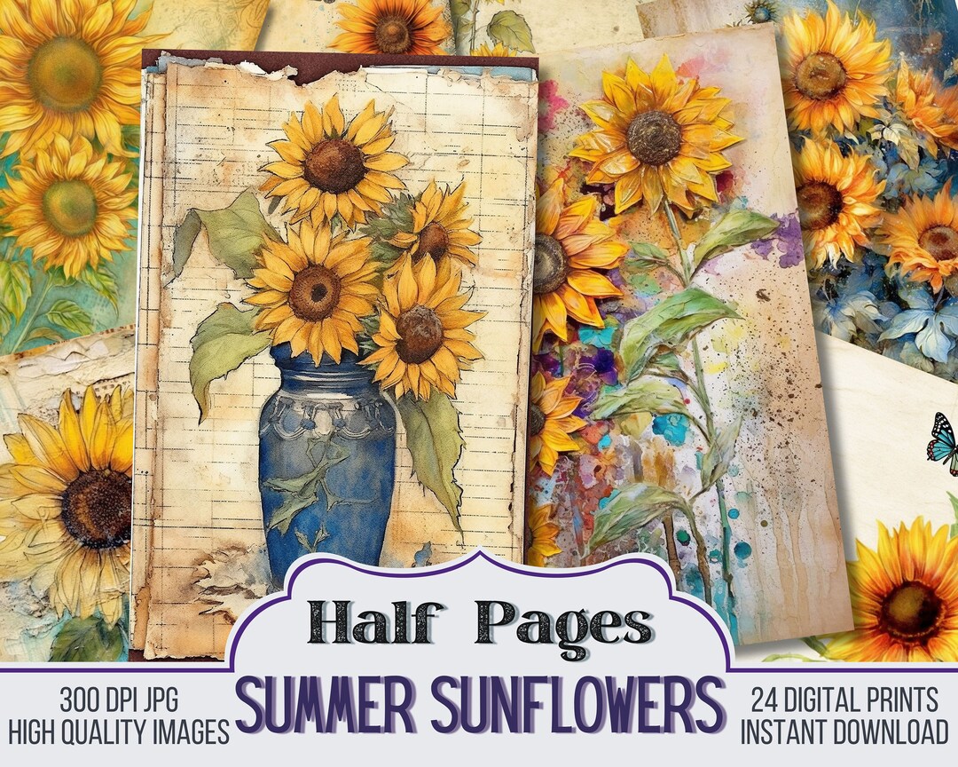 Summer Sunflowers Vintage Junk Journal Half Pages, Journal Scrapbook ...