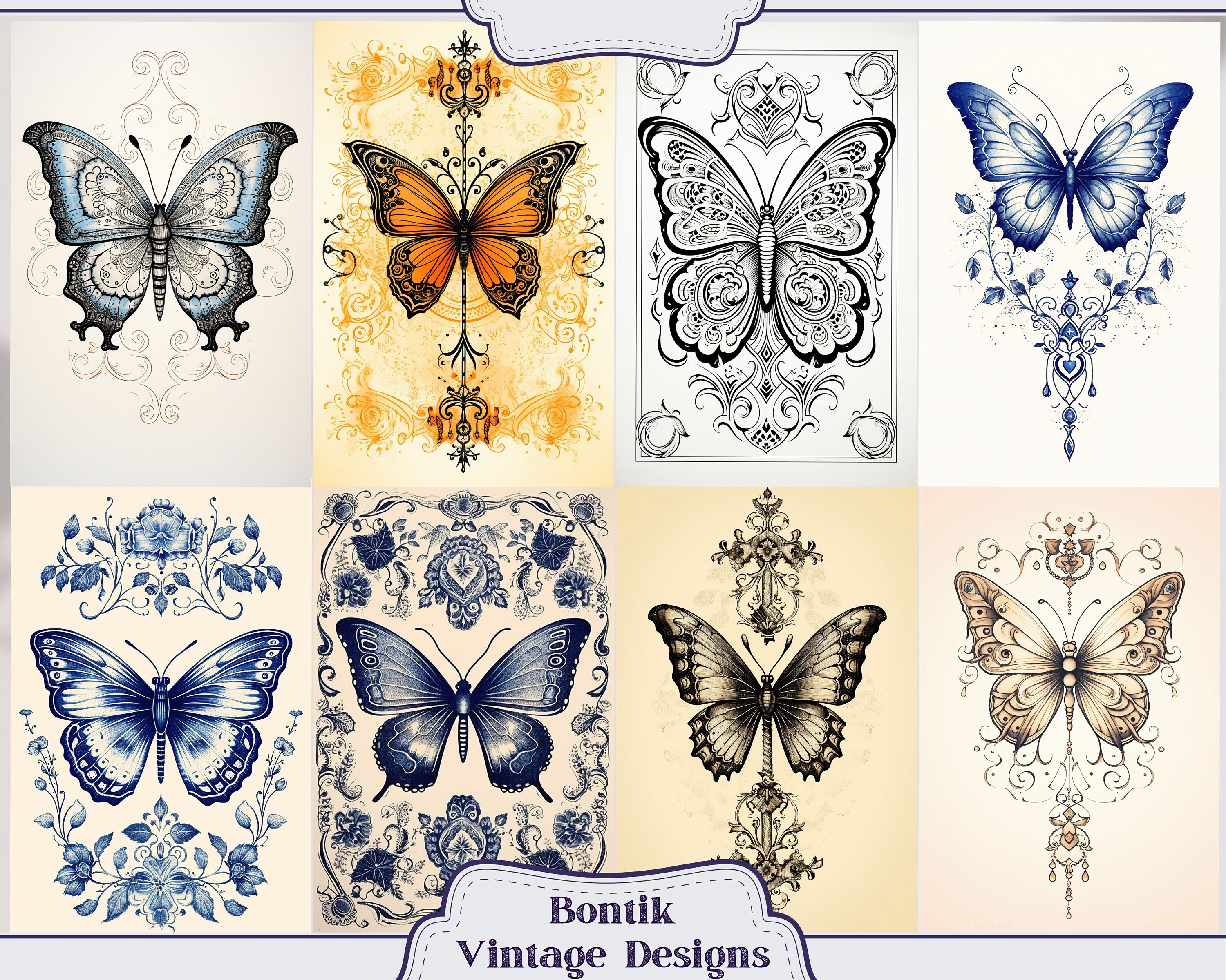 Tattoo Style Butterflies Vintage Junk Journal Half Papers, Scrapbook ...