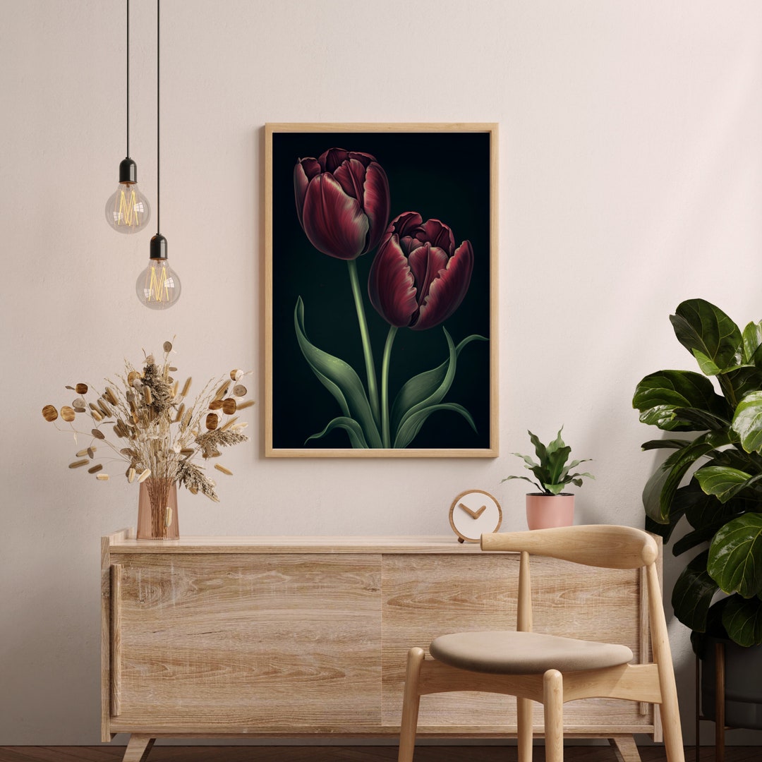 Dark Red Tulips: Enchanting Floral Painting on Black - Etsy
