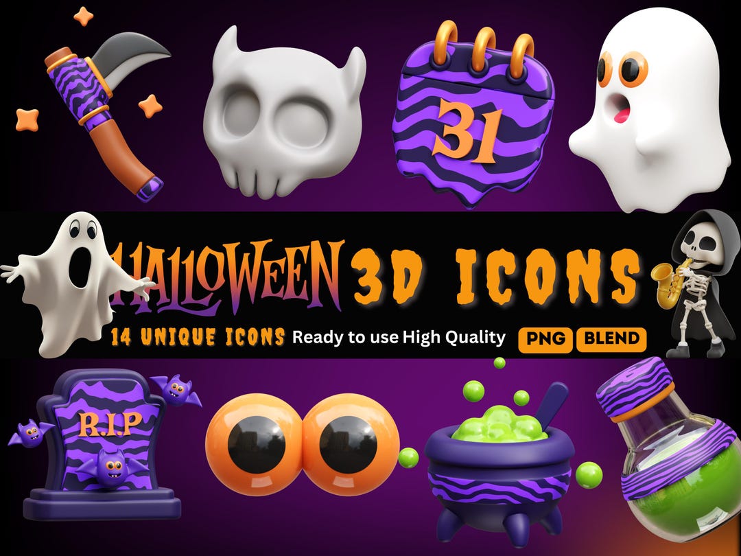 Spooky Halloween 3D Icons: Pumpkins, Ghosts, Witches (PNG, Blend File ...