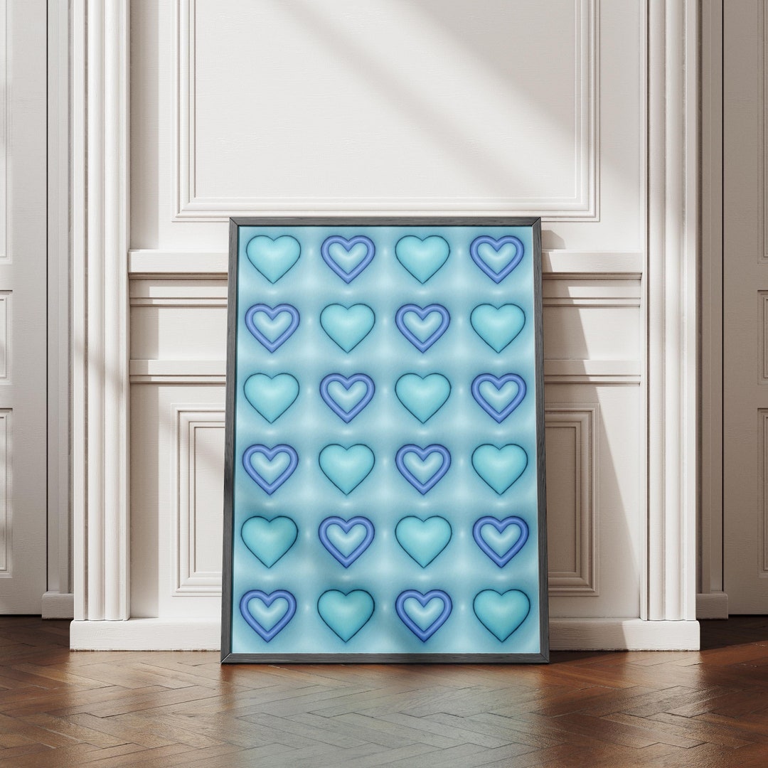 Printable Card for Lovers Blue Heart Pattern Wall Art Cute Minimalist ...