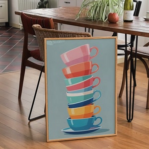 Stacked Tea Cups Print, Retro Tea Poster, Tea Wall Art, Kitchen Print ...