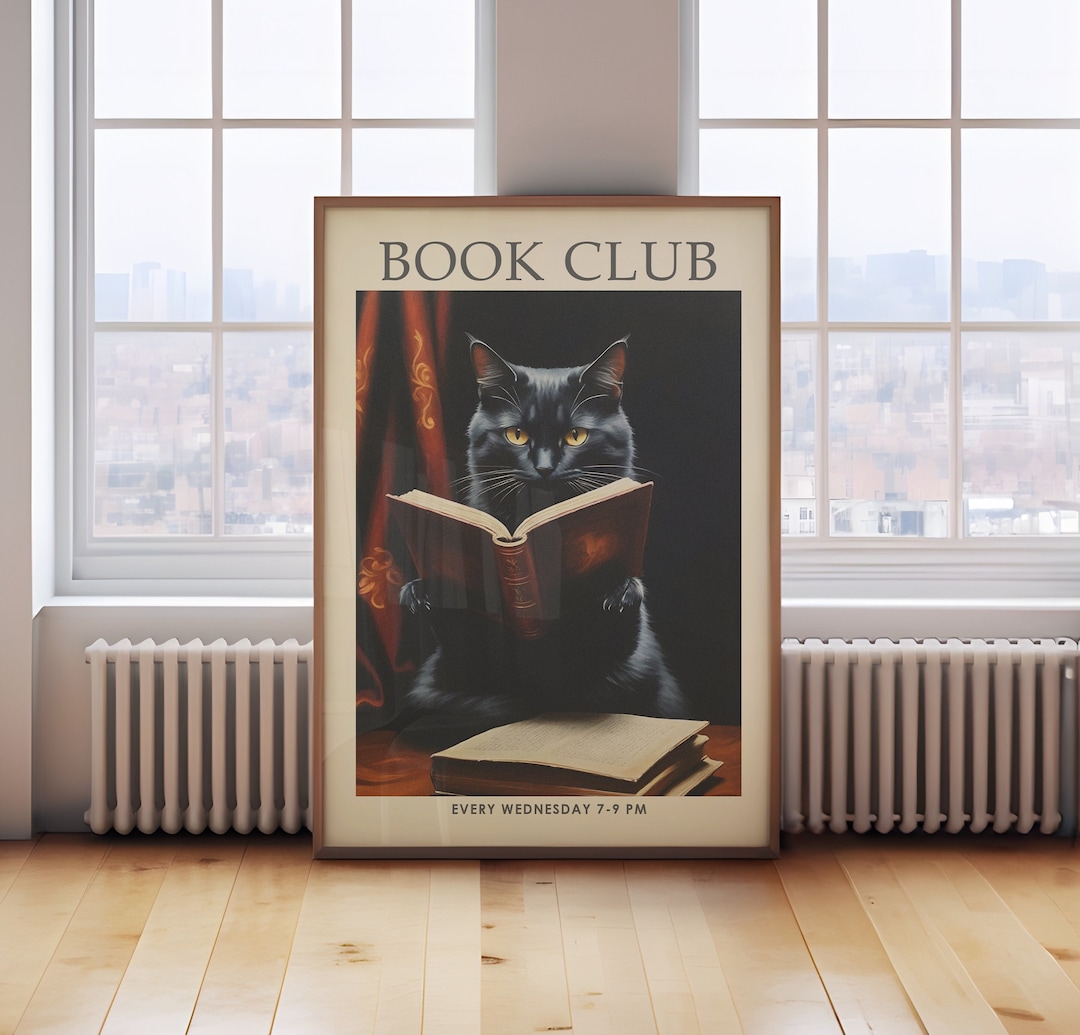 Book Club Print, Black Cat Reading a Book, Dark Academia Print, Library ...