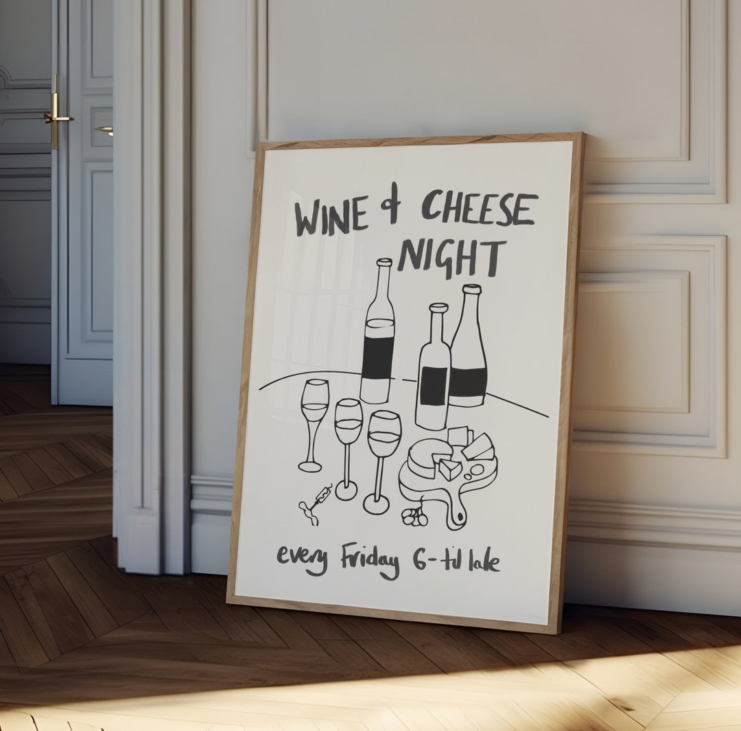 Wine and Cheese Night Poster, Hand Drawn Wine Print, Bar Cart Print ...