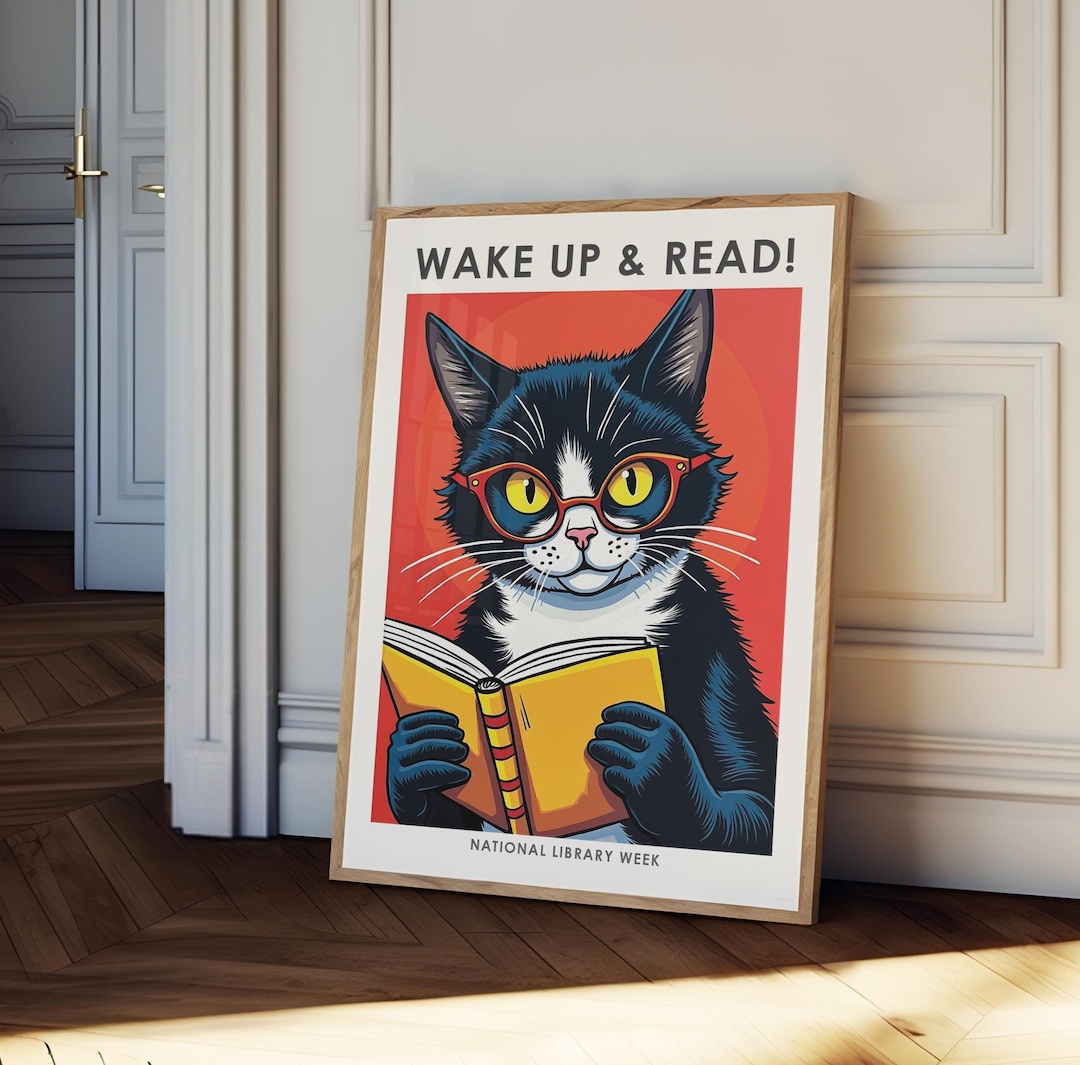 Cat and Book Wall Art, Library Print, Book Print, Cat Print, Reading ...