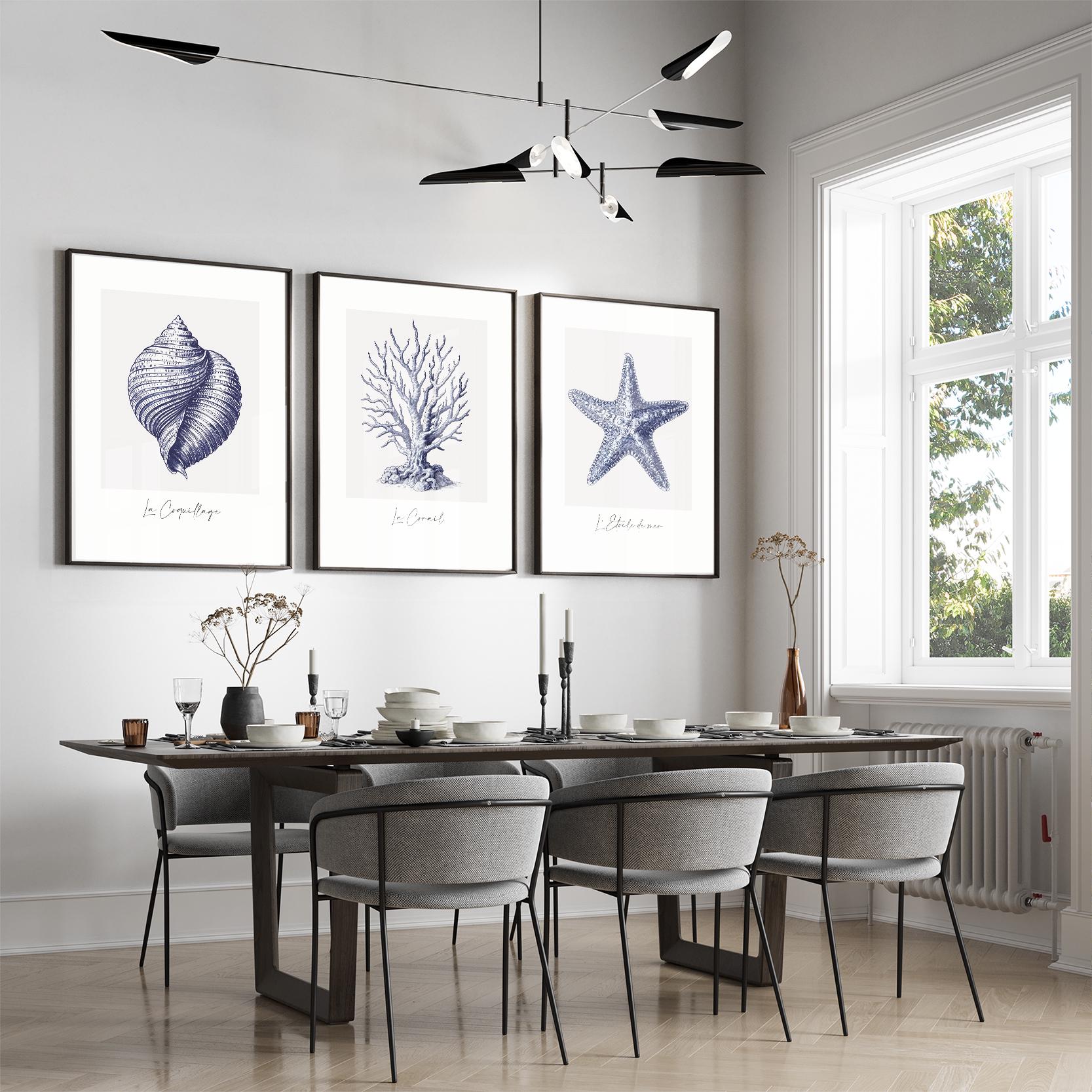 Set of 3 Blue Sea Shells Print, Coastal Wall Art, Beach House Wall Art ...