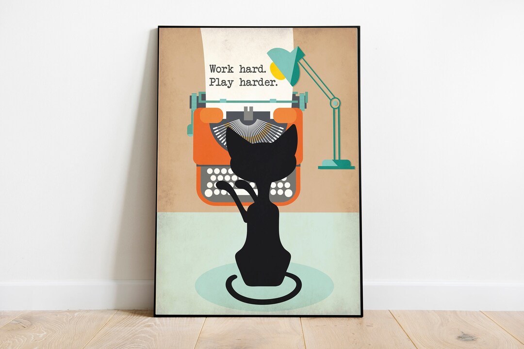 Retro Black Cat Print, Retro Cat Print, Mid Century Print, Retro Office ...