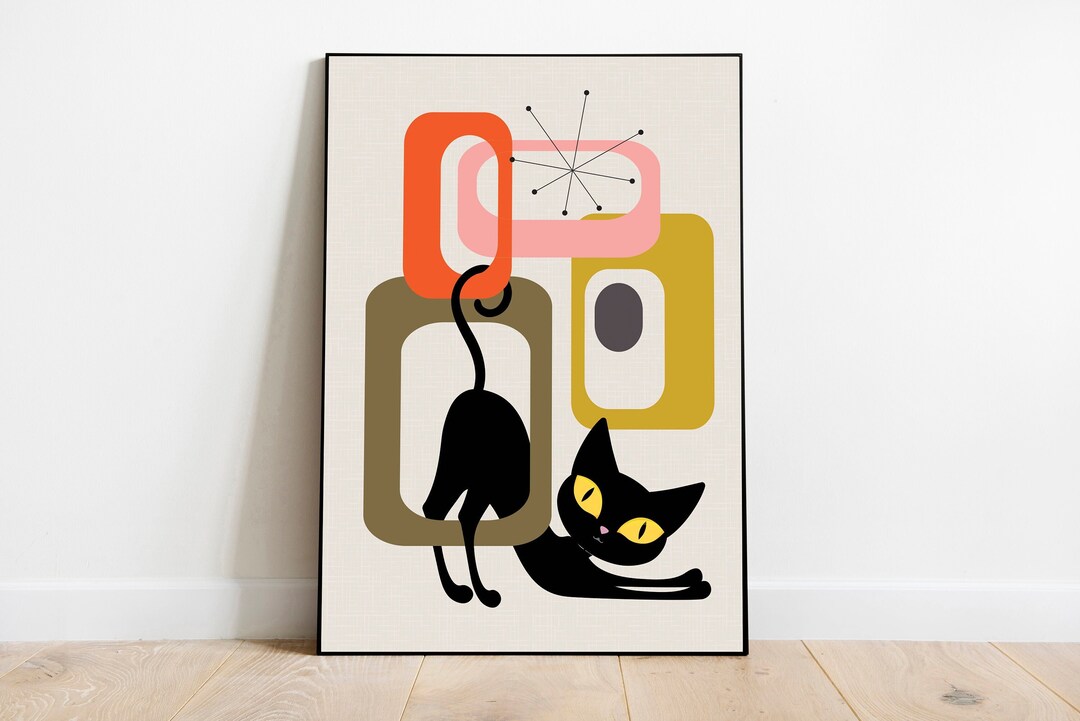 Mid Century Wall Art, Retro Cat Print, Atomic Cat, Mid Century Print ...