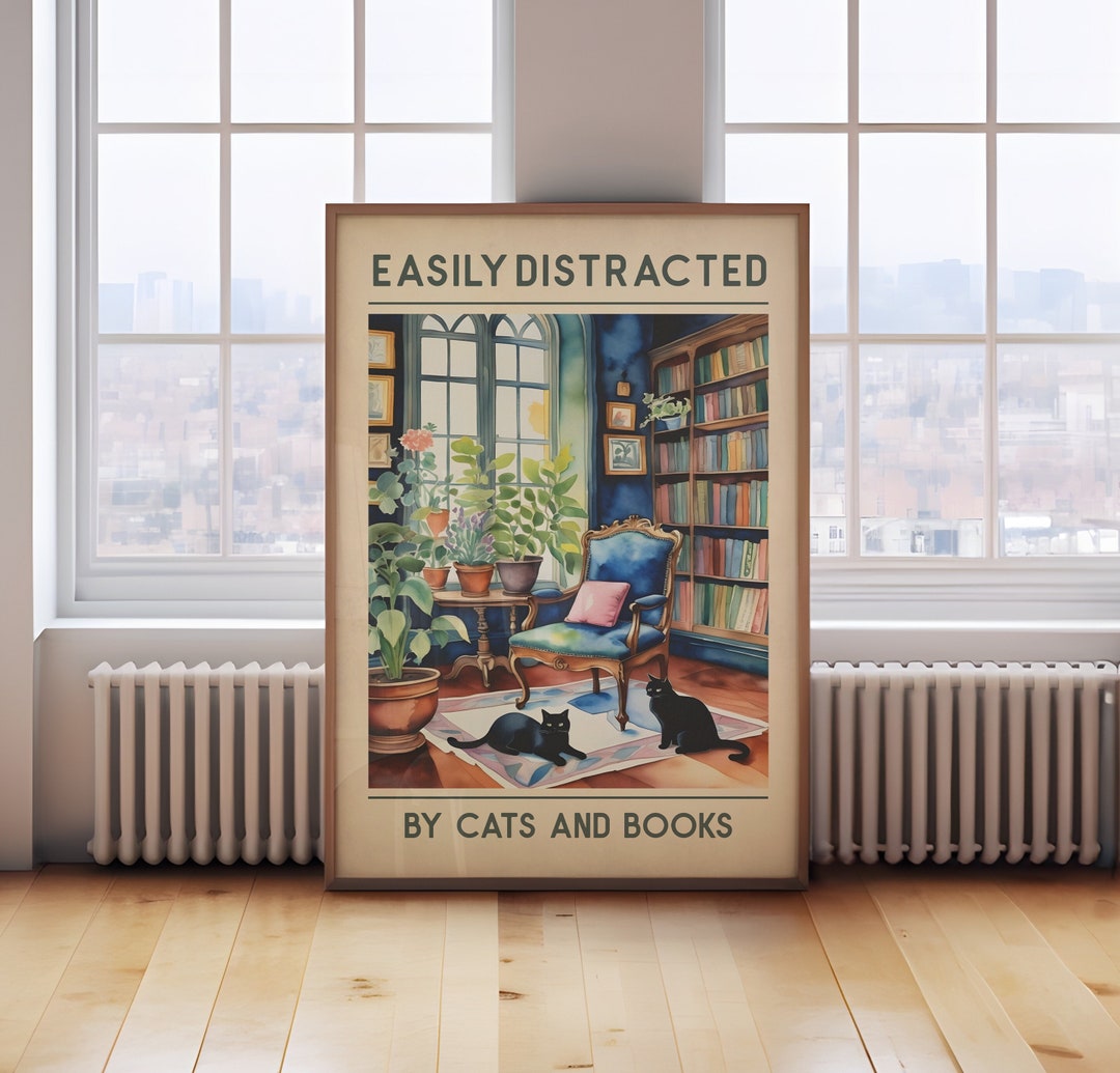 Cat and Books Poster, Vintage Cat Print, Vintage Book Print, Library ...