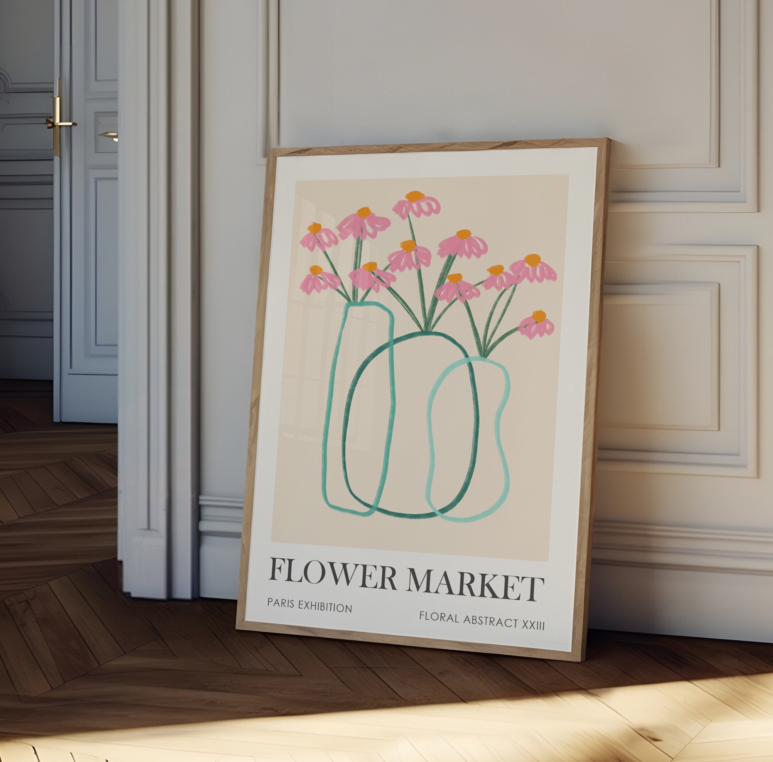 Pink Flower Market Print, Hand Drawn Flower Market Poster, Botanical ...