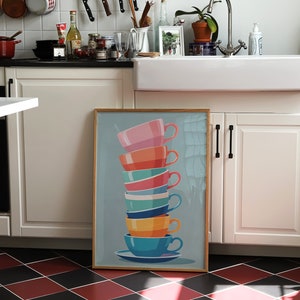 Stacked Tea Cups Print, Retro Tea Poster, Tea Wall Art, Kitchen Print ...