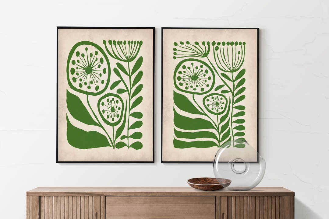 Green Floral Prints, Green Wall Art, Green Botanical Prints, Mid ...
