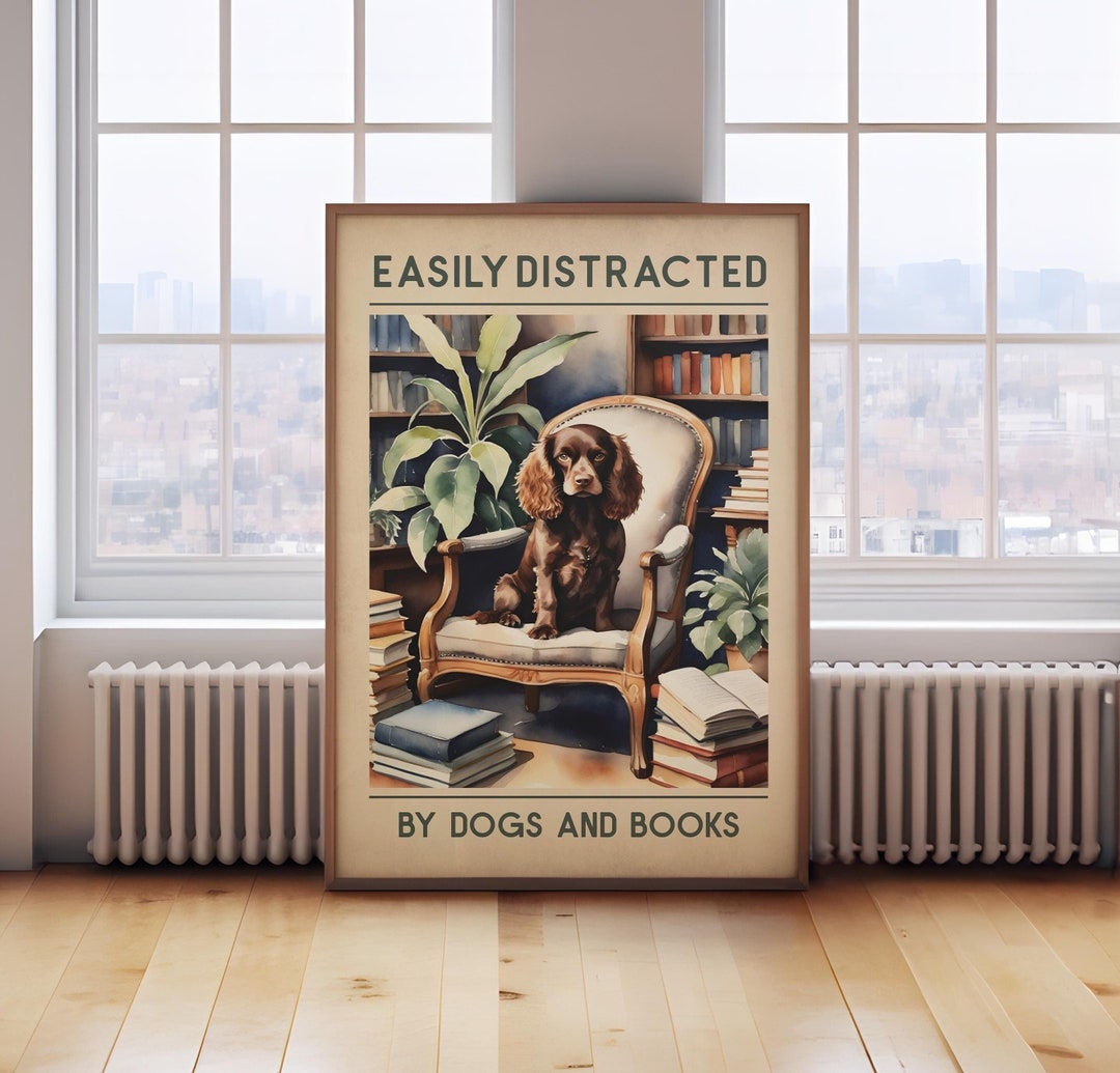 Dog and Books Poster, Spaniel Dog Print, Vintage Book Print, Library ...