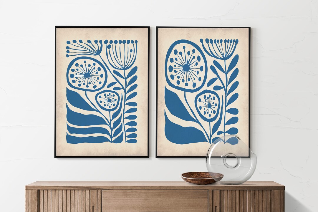 Blue Floral Prints, Blue Wall Art, Navy Botanical Prints, Mid Century ...
