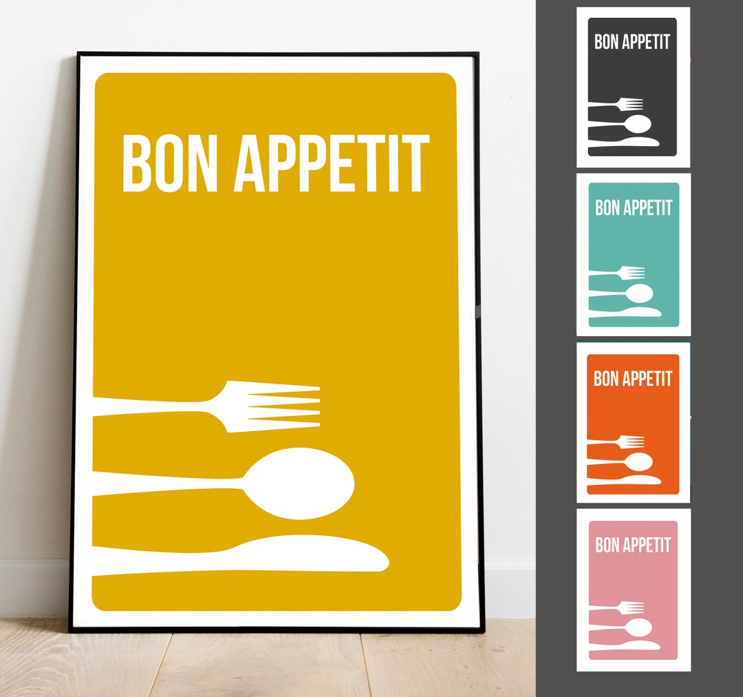 Bon Appetit Print, Mid Century Kitchen Wall Art, Kitchen Decor, Kitchen ...