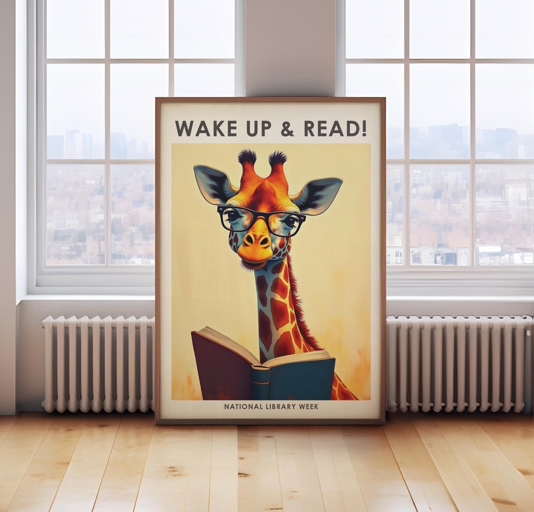 Wake up and Read, Book Wall Art, Library Print, Book Print, Giraffe ...