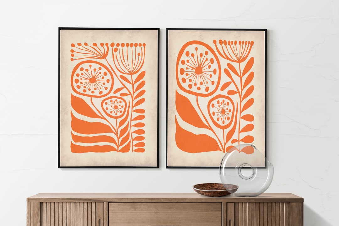 Orange Floral Prints, Orange Wall Art, Orange Botanical Prints, Mid ...
