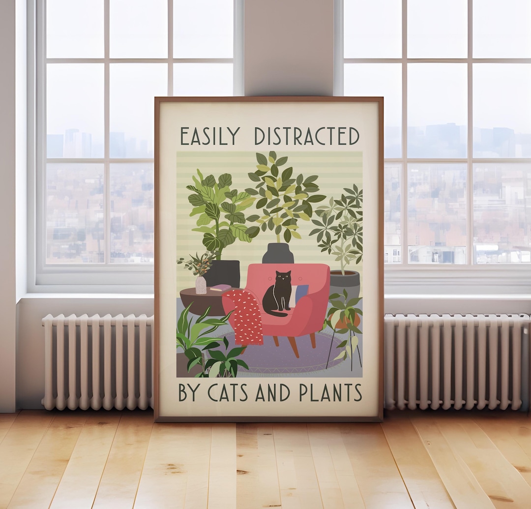 Retro Cat Print, Cats and Plants Print, Cat Wall Art, Cat Lover Gift ...