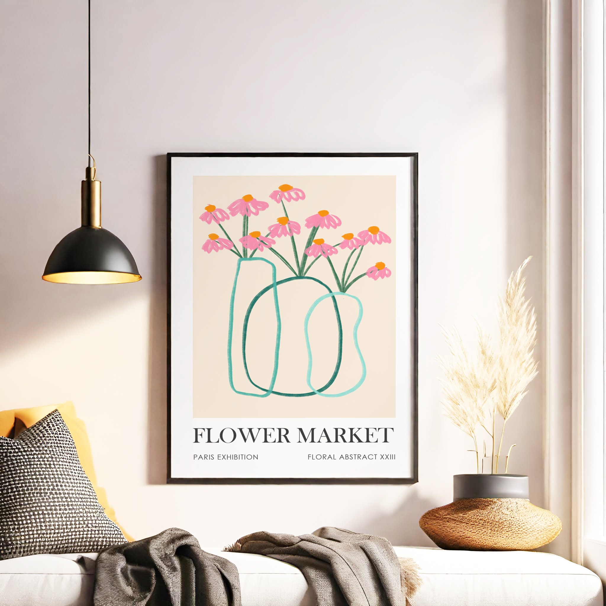 Pink Flower Market Print, Hand Drawn Flower Market Poster, Botanical ...