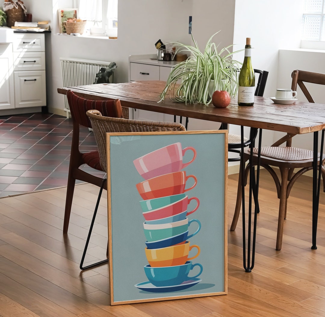 Stacked Tea Cups Print, Retro Tea Poster, Tea Wall Art, Kitchen Print ...