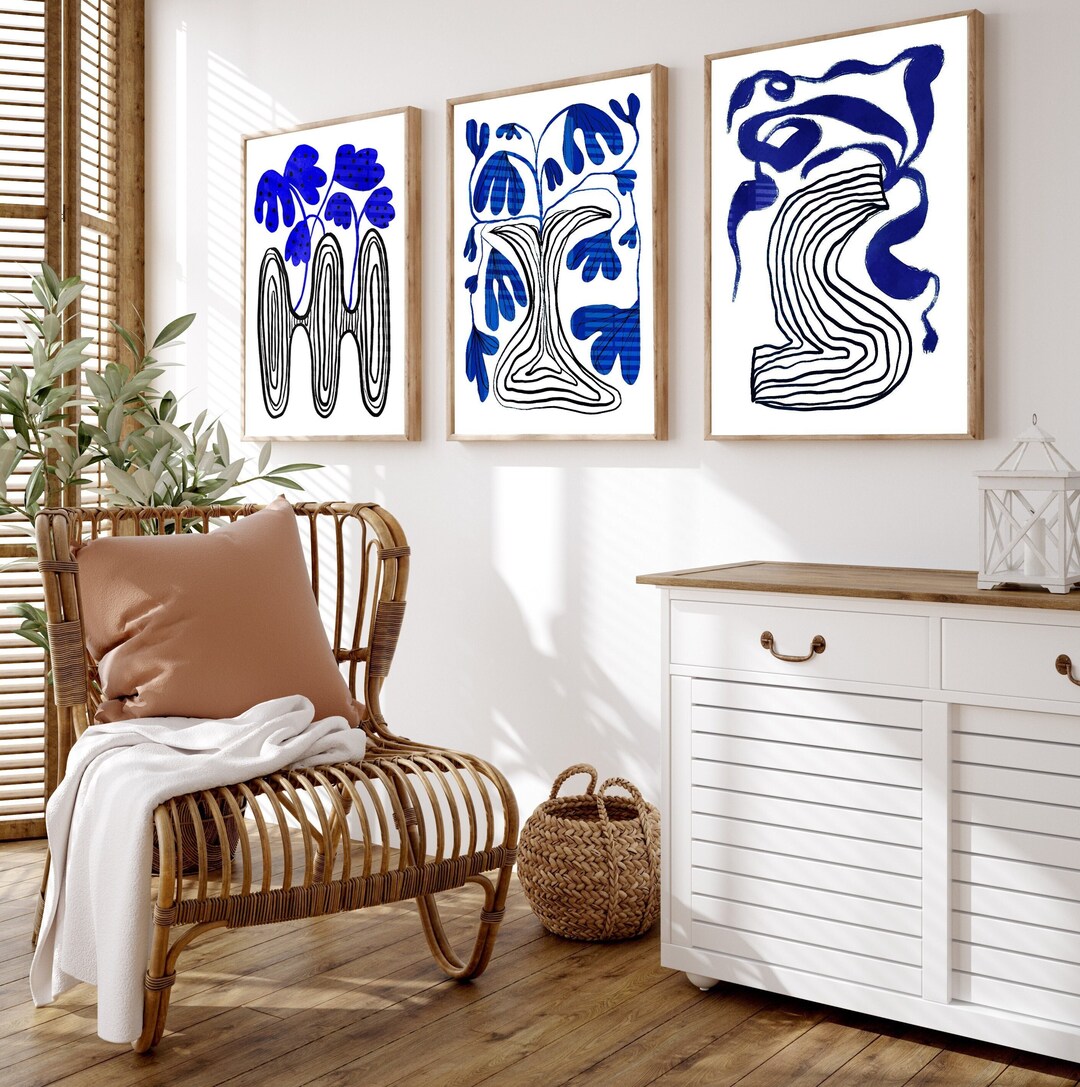Blue Flower Prints, Floral Decor, Set of 3 Prints, Scandi Flower Print ...