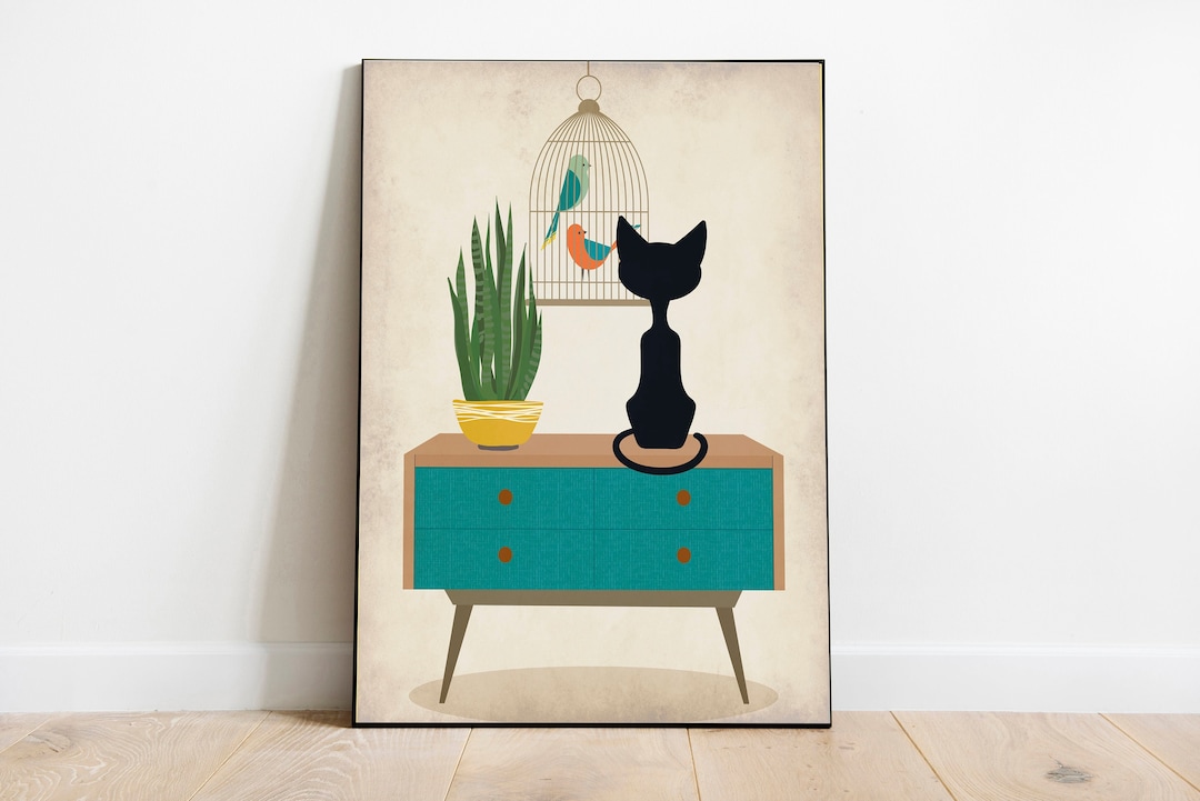 Retro Cat Wall Art, Mid Century Modern Cat Print, Atomic Cat, Mid ...