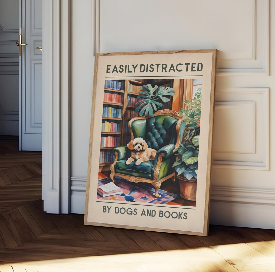 Dog and Books Poster, Cavapoo Dog Print, Vintage Book Print, Library ...