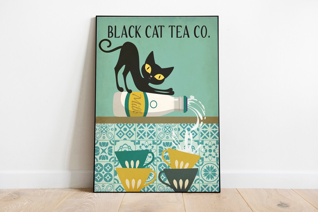 Black Cat Tea Co. Retro Cat Kitchen Print, Mid Century Kitchen Poster ...