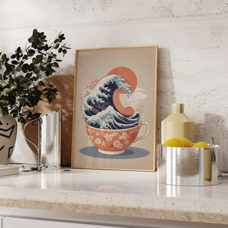 Japanese Tea Poster, the Great Wave off Kanagawa, Tea Cup Print, Retro ...